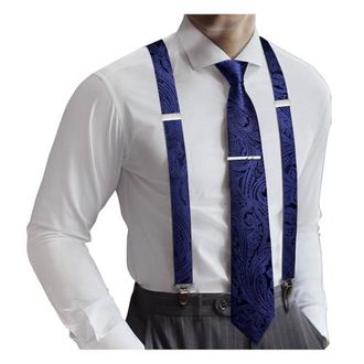 Barry.Wang Ensemble bretelles et cravates pour homme type X avec pince &agrave; cravate motif cachemire pour mariage, bal de fin dann&eacute;e, bleu, taille unique