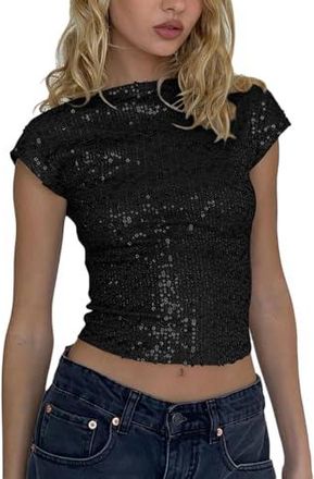 Onsoyours Hauts Femmes F&ecirc;te Paillettes Manches Courtes Slim Fit Paillettes Argent T-Shirt Festif F&ecirc;te Paillettes Top Clubwear A Noir XS