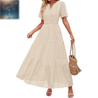 Generic Robe longue dété décontractée à manches courtes pour femme avec col en V ajouré et oeillets taille haute à volants, ecru, XL