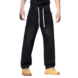 Generic Jean droit pour homme, coupe droite, pantalon en jean avec cordon de serrage pour homme - Pantalon en jean d&eacute;contract&eacute; &agrave; taille &eacute;lastique, jean l&eacute;ger 