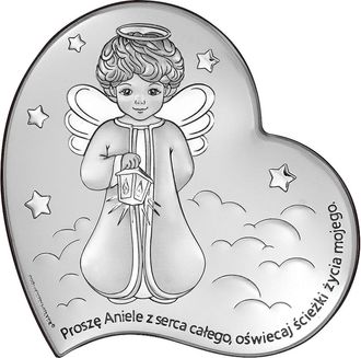 OEM Quadro In Argento Raffigurante Un Angelo Custode Su Una Nuvola Con Un Cuore Di Lanterna 6758 16 X 16 Cm