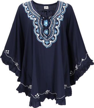 Guru Shop Bestickter Hippie Poncho, Tunika, Kaftan, Strandkleid, Maxi Gr&ouml;&szlig;e - Nachtblau, Damen, Synthetisch