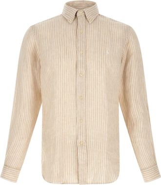Polo Ralph Lauren Homme, Chemises, Beige, Taille: XL Custom Fit Striped Linen Shirt