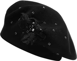 ZLYC Béret français réversible en Cachemire de Couleur Unie pour Femme, Perle Fleur Noir, Taille Unique
