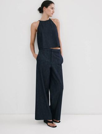 Mango Top en denim &agrave; col halter bleu - Femme - XS - MANGO