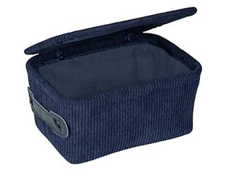 WENKO Panier de salle de bain Anela à couvercle, panier de rangement en velours côtelé, poignée en similicuir, ranger les accessoires de la salle de bain, 1