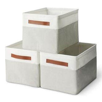 Amazon Basics Lot de 3 bacs de rangement pliables avec poignées en cuir, lin, Taille L