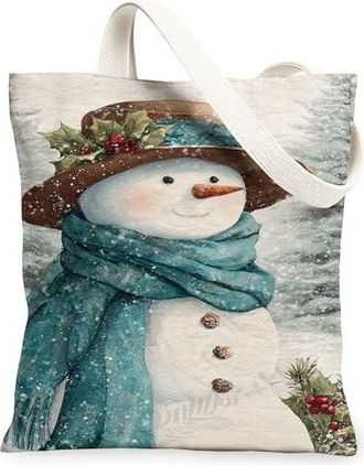 Generic Sacs fourre-tout en toile motif bonhomme de neige dhiver, sacs d&eacute;picerie r&eacute;utilisables, vintage l&eacute;gers et lavables avec bandouli&egrave;re pour Tra, bleu, 13