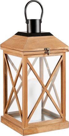 Ambia Home Laterne, Braun, Schwarz, Holz, Metall, Glas, Kiefer, vollmassiv, Uni, rechteckig, 24x50.5x24 cm, Glaseinsatz, Dekoration, Windlichter & Laternen, Late