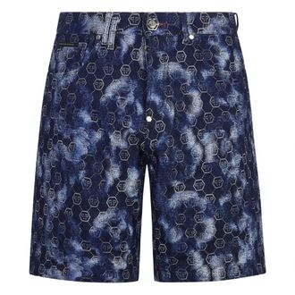 Philipp Plein Denim Shorts Jacquard Monogram - - Shorts - Herren - Blau - W30