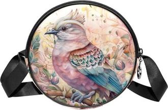 Generic Petit sac &agrave; bandouli&egrave;re circulaire pour femme, motif feuilles doiseaux aquarelle, petit sac &agrave; dos &agrave; bandouli&egrave;re avec fermeture &eacute;clair, bretelles r&eacute;gla
