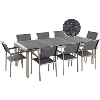 Beliani Gartenm&ouml;bel Set 8-Sitzer GROSSETO Dreifachplatte Granit geflammter Schwarz / Grau