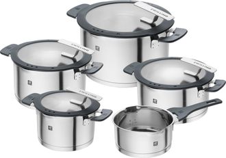Zwilling Simplify Kochtopfset, 5-tlg Set, Mit integriertem Sieb im Deckel, Glasdeckel, Silikongriffen, Induktionsgeeignet, unbeschichtet, Edelstahl, Silber-Sch