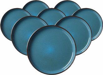 Ritzenhoff & Breker Visby Dessertteller 8er Set, 20 cm, Runde Fr&uuml;hst&uuml;cksteller mit braunem Rand, Skandinavisches Design, Steingut, Blau
