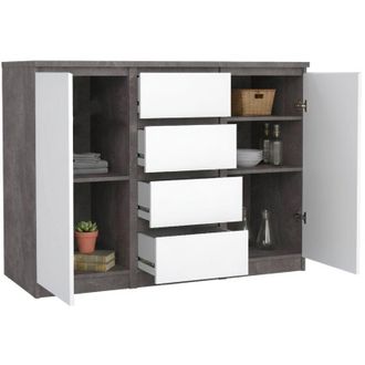 Dmora Dmora - Kommode Alix, Wohnzimmerbuffet, Wohnzimmer-Sideboard, Moderne K&uuml;chen-Speisekammer, 121x50 h91 cm, Zement und Gl&auml;nzendes Wei&szlig;
