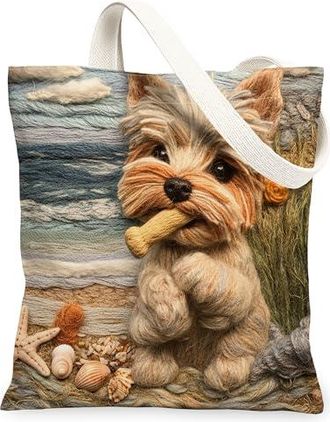 Generic Sac fourre-tout amusant en toile motif Yorkies pour faire du shopping, 33 x 38,1 cm, sac d&eacute;picerie r&eacute;utilisable pour femme, peinture danimaux domestiq