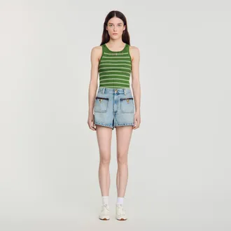 Sandro Short en jean d&eacute;tail cuir