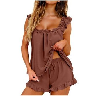 Generic Deux tenues shorts pièces tops franges bord court sans manches ensembles femmes ensembles et costumes et ensembles pour femmes, marron, XXL