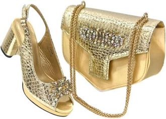 Generic Chaussures à talons pour femme avec strass marron et sac assorti pour fêtes et mariages, doré, 41 EU