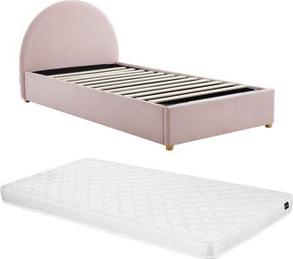 Vente-Unique Lit Coffre 90 x 190 cm - Velours c&Ugrave;tel&Egrave; - Rose + Matelas - LIRIMO