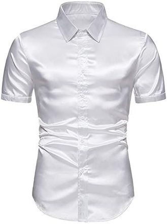 Feoya Chemise de Luxe Brillante &agrave; Manches Courtes en Satin pour Homme, A - Blanc, S