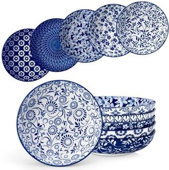 VANCASSO S&eacute;rie SELENE Lot de 6 Grands Bols &agrave; P&acirc;tes, 1200ML Assiette Creuse en Porcelaine Bleu et Blanc, Saladier pour Cuisine, Passe au Four, Lave-vaisselle et