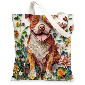 Generic Sac fourre-tout en toile pour faire du shopping Motif chien Pitbull 33 x 38,1 cm, sac d&eacute;picerie r&eacute;utilisable pour femme, animal de compagnie, peinture
