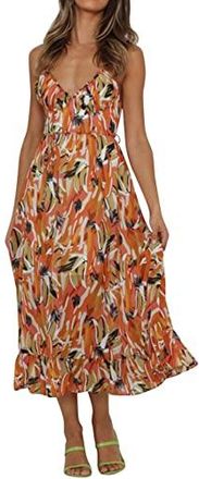 Generic Robe d&eacute;t&eacute; 2026 boh&egrave;me pour femme, robe de plage ample et &eacute;l&eacute;gante &agrave; bretelles spaghetti &agrave; motif floral, caf&eacute;, XL