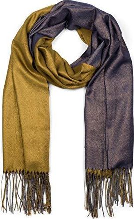 styleBREAKER Foulard à paillettes pour dames en optique noble 2 faces avec franges, 2 couleurs, foulard réversible, étole multicolore 01017141, couleur:Curry-bleu 