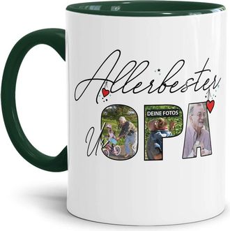 Tassendruck Fototasse mit Spruch - Allerbester Uropa - zum Selbst gestalten mit Foto-Collage für 3 Fotos, Innen & Henkel Dunkelgrün, 300 ml