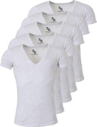 Young & Rich Herren Uni T-Shirt mit extra tiefem V-Ausschnitt Slimfit Stretch Dehnbare Passform einfarbiges Basic Shirt - 5er Pack, Gr&ouml;sse:3XL, Farbe:Hellgrau