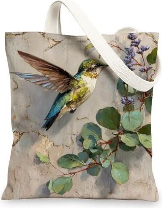 Generic Sacs fourre-tout en toile motif colibri réutilisables, légers et lavables avec bandoulière pour salle de sport, voyage, plage, pique-nique, 33 x 38 cm