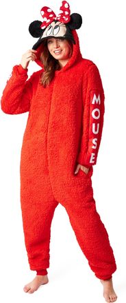 Disney Stitch Onesie Damen & Teenager, Lilo und Stitch Fleece Einteiler Damen mit Kapuze & Ohren Geschenke Erwachsene (Rot Minnie, XL)