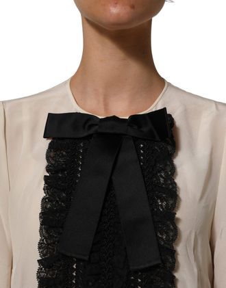 Dolce & Gabbana Womens Beige Lace Trim Bow Short Sleeves Blouse Top