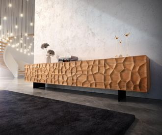 DELIFE Lowboard Solu 260 cm Akazie Natur 2 T&uuml;ren 6 Sch&uuml;be Fu&szlig; schwebend Metall Schwarz 3D-Front, Lowboards