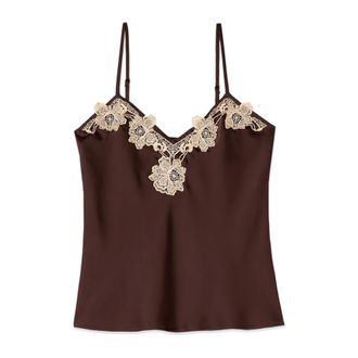 Oltre Femme, Tops, Brun, Taille: 36 FR Top en satin avec dentelle contrastante