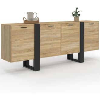 IDMarket Idmarket - Buffet enfilade 200 cm 4 portes bois et noir - Structure robuste - Design bi-mati&egrave;re moderne - Id&eacute;al pour salle &agrave; manger