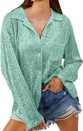 Generic T-shirt &agrave; manches longues pour femme avec paillettes tendance et chemise d&eacute;contract&eacute;e en dentelle pour femme &agrave; manches courtes, vert, 3XL