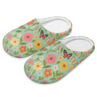 Coloranimal Pantoufles de spa pour femme - Pantoufles dint&eacute;rieur en vrac antid&eacute;rapantes &agrave; bout ferm&eacute;, Brod&eacute; Fleurs Papillon, 35.5/36.5 EU