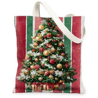Generic Sacs fourre-tout en toile motif sapin de No&euml;l, sacs de courses r&eacute;utilisables, color&eacute;s, vintage, l&eacute;gers et lavables pour f&ecirc;te, voyage, &eacute;picerie, 33 x 3