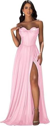 Generic Robes de bal en satin longue sans bretelles avec poches, corset trap&egrave;ze, robes de soir&eacute;e formelles avec fente, rose, 10XL Grande taille