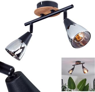 HOFSTEIN Deckenleuchte Leteque, moderne Deckenlampe aus Metall/Holz/Glas in Schwarz/Natur/Rauchfarben, Leuchte mit verstellbaren Schirmen, 2-flammig, 2 x E14, 