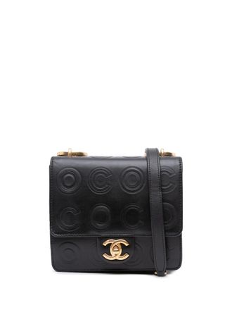 Chanel mini sac à bandoulière Square Flap en cuir de veau embossé (2019) - Noir