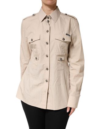 Dolce & Gabbana Womens Beige Collared Long Sleeve Cotton Shirt Top Brown