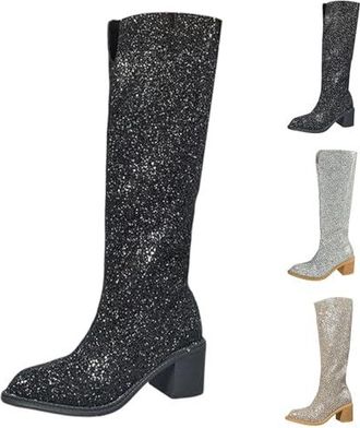 Generic Bottines &agrave; paillettes pour femme avec strass et talons &eacute;pais avec fermeture &eacute;clair lat&eacute;rale, bout rond, talon bloc bas, court, habill&eacute;, confortable, d