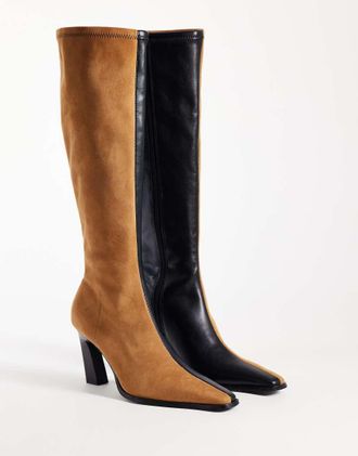 Asos Crescent zweifarbige kniehohe Stiefel mit Absatz in Hellbraun und Schwarz