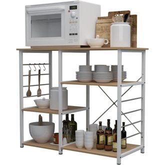 Soges Etag&egrave;re de Cuisine en m&eacute;tal et Bois, Meuble Rangement Desserte de Cuisine Etag&egrave;re pour Four &agrave; Micro-Ondes, avec 3 + 3 Tablettes, &Eacute;rable&Blanc - Soges