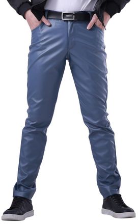 Feoya Herren Kunstleder Hosen Slim Fit Stretch Hose aus PU Leder mit Taschen Faux Lederhose Herren Lederjeans Lang Bikerhose Blau 32 Bleistifthose Enge Hose