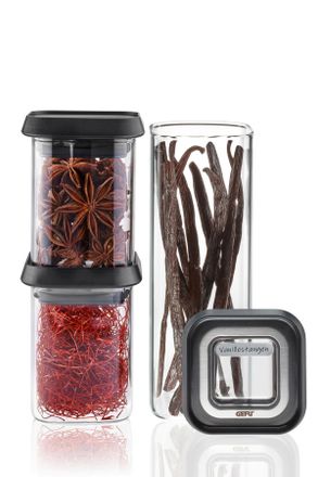 GEFU Vorratsdosenset Pantry, Schwarz, Transparent, Glas, 3-teilig, 0,180 L, Deckel mit Sichtfenster, Beschriftungsfeld, Küchenzubehör, Vorratsbehälter, Vor