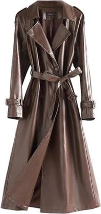 Generic Trench-coat en similicuir pour femme - Double boutonnage - Veste longue avec ceinture - Taille haute - Automne et hiver, 1, XL